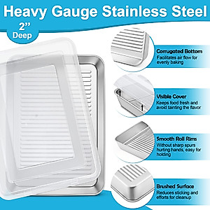 TeamFar Lasagna Pan, 12.4 Inch Stainless Steel Rectangular Textured Baking Pan with Lid, Corrugated Bottom & Deep Side, Non-Toxic & Heavy Duty, Dishwasher Safe - (2 Pans + 2 Lids）