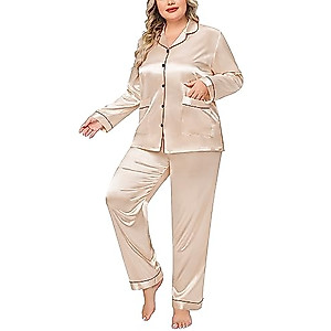 SWOMOG Women Plus Size Long Sleeve Pajamas Silk Satin Womens Pajama Sets Button Down Sleepwear Top Pj Loungewear with Pockets Champagne