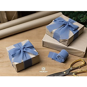 Vitalizart Dusty Blue Ribbon Chiffon Silk Ribbon 1.5" x 7Yd Handmade Fringe Ribbon for Gift Wrapping Wedding Invitations Bridal Shower Bouquets