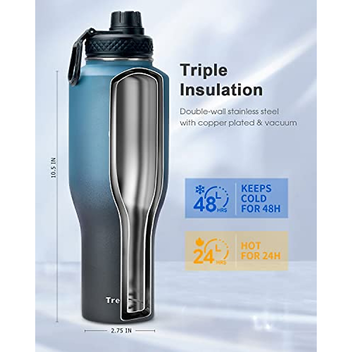 Trebo 40oz Water Bottle Insulated with Lid and Straw,Double Wall Vacuum Stainless Steel Metal Tumbler Flask Fit in Any Car Cup Holder with Paracord Handle,Leakproof Keep Drink Cold & Hot,Indigo/Black