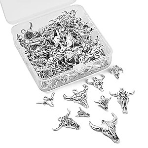 KitBeads 100pcs Tibetan Cattle Head Charms Mixed Styles Cattle Skull Charms Antique Silver Animal Skull Cow Bull Head Charms for Jewelry Making Bulk