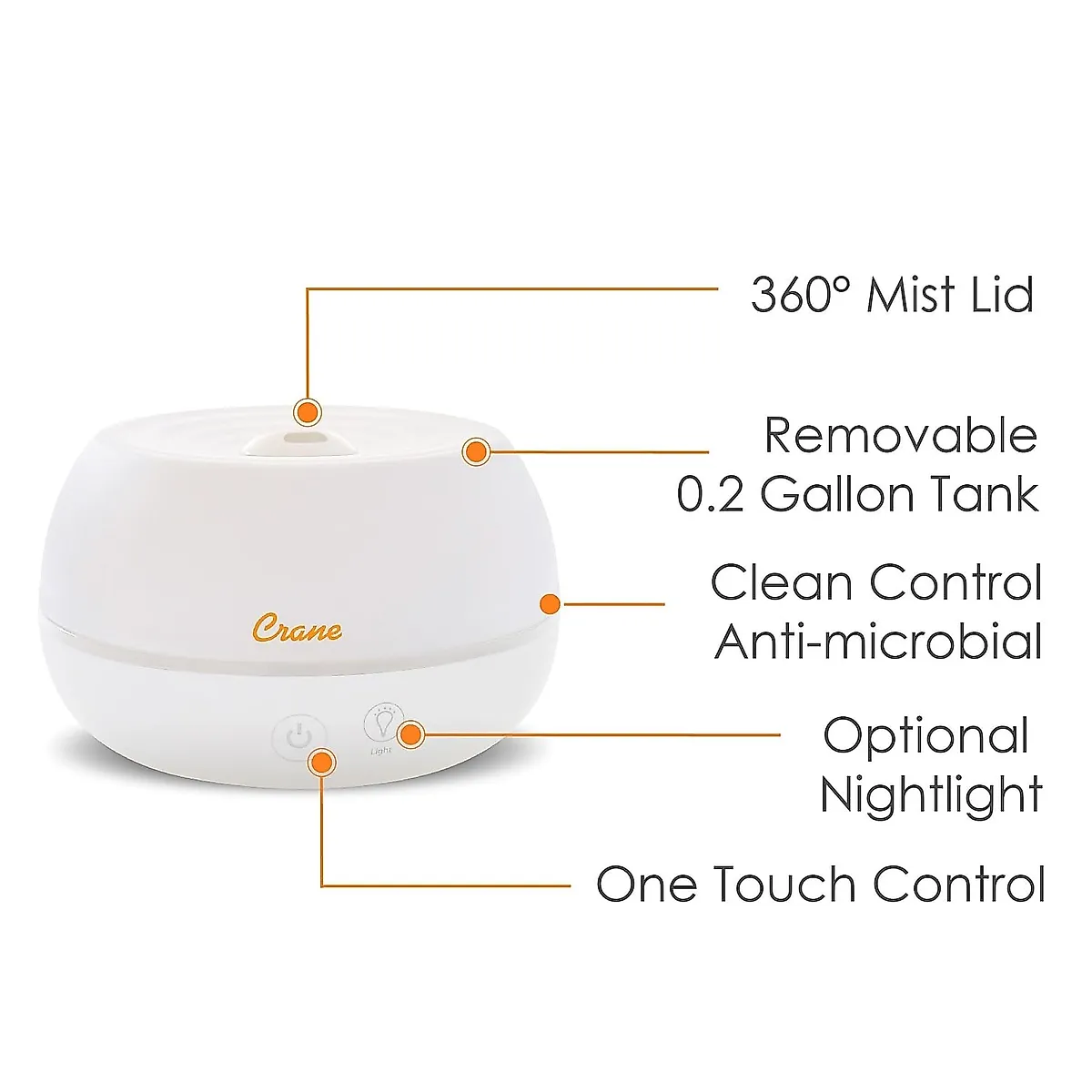 Crane Small Ultrasonic Diffuser and Air Humidifiers for Bedroom and Office, .2 Gallon Cool Mist Humidifier for Personal Use, No Humidifier Filters Needed, White