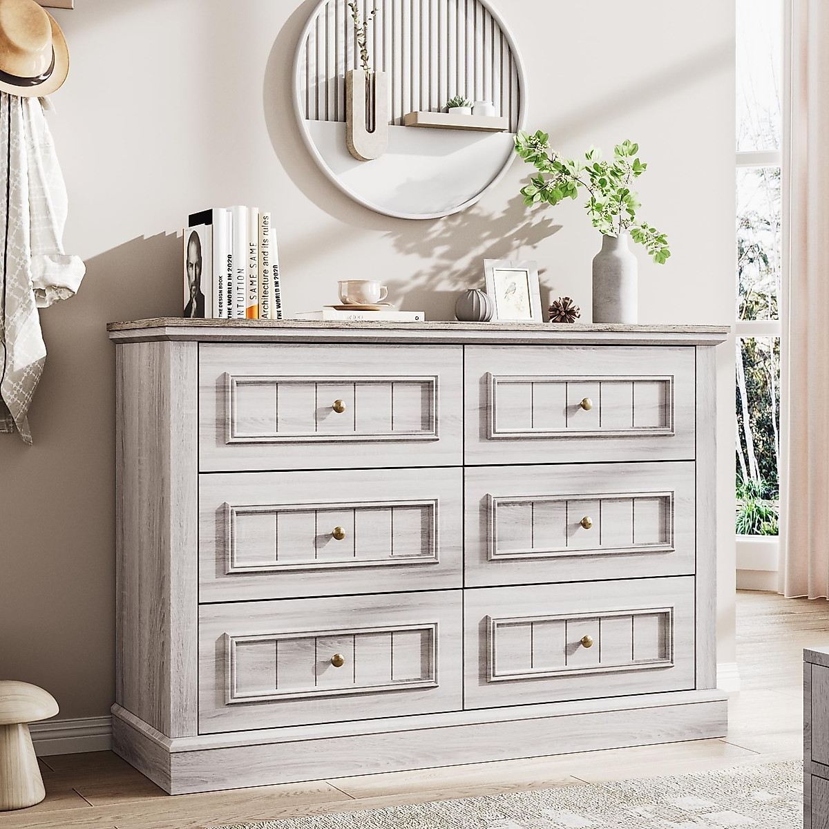 Vabches Dresser for Bedroom, 6 Drawer Wide Dresser Organizers Wood Storage Dresser for Closet, Farmhouse Double Chest of Drawer TV Stand with Gold Handles for Living Room, Hallway, Light Rustic Oak