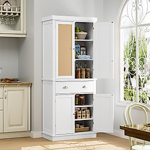 FACBOTALL 72.4” Kitchen Pantry Cabinet, Freestanding Cupboard with Rattan Doors and Large Drawer, Utility Pantry Cabinet, Tall Kitchen Pantry Storage Cabinet for Kitchen, Dining Room, White