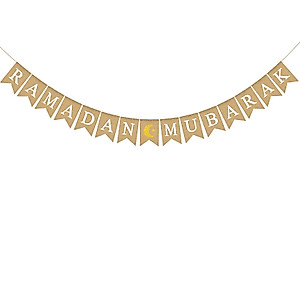 Jute Burlap Ramadan Mubarak Banner with Moon and Star Mantel Fireplace Decoration