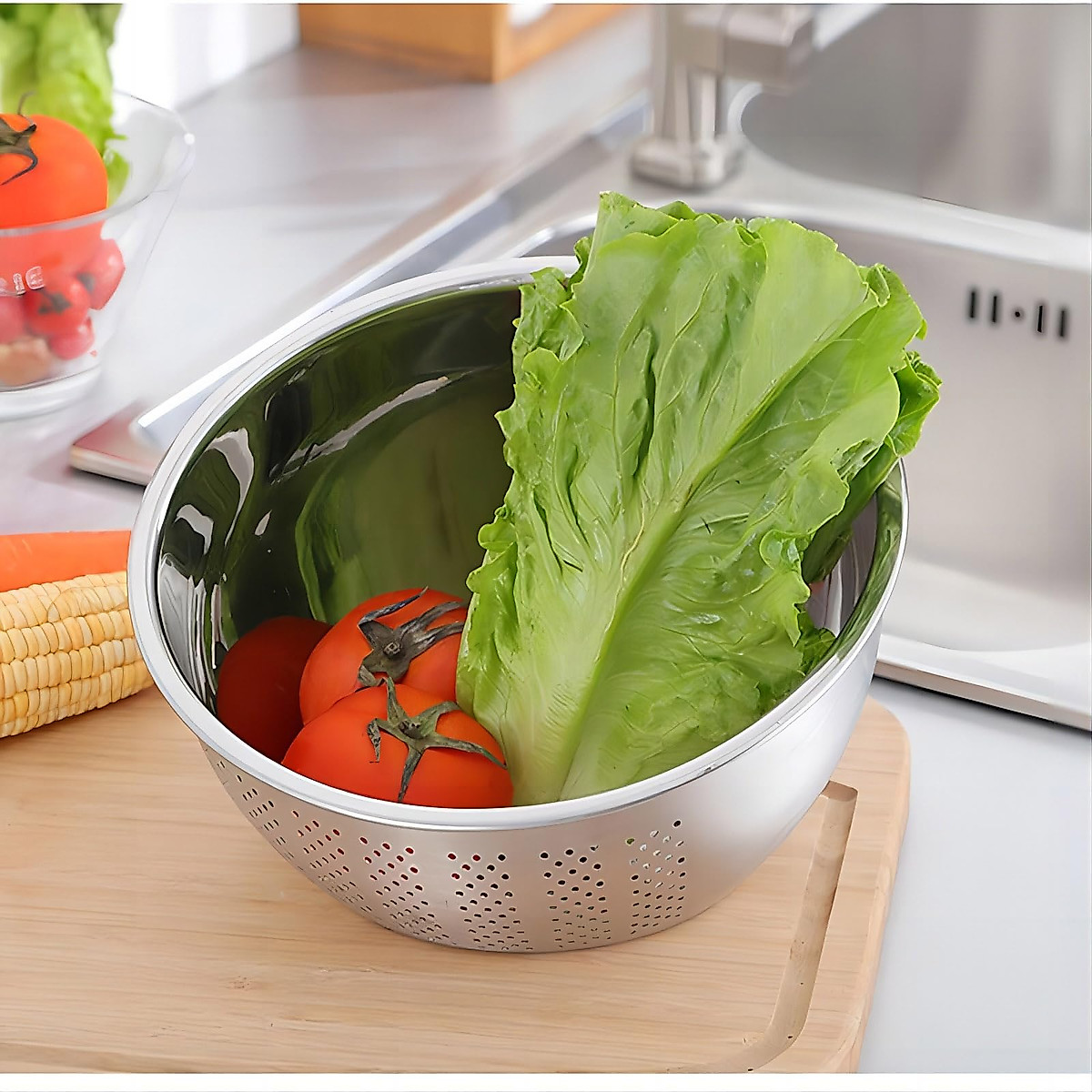 GREATLINK Stainless Steel Colander Rice Washing Bowl - 4 in 1 Washing Bowl Kitchen Colander Strainer Fine Mesh Strainer for Washing Vegetables, Fruit, Beans & Pasta, Microporous Colander Washing Bowl