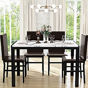 DKLGG Marble Dining Table Set for 4, 5-Piece Faux Marble Kitchen Table and Chairs for 4, Space Saving Dining Room Table Set w/4 Upholstered PU Leather Chairs, Ideal for Dining Room, Kitchen, Corner