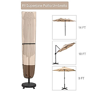 SUPERJARE Patio Umbrella Cover with Rod for 7 to 11 Ft Umbrellas & 15 Ft Double-Sided Umbrellas, 600D Protective Waterproof Cover with Zipper, Beige & Brown