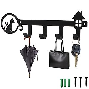 Brosay Cat Wall Hanger Hooks Decorative Coat Hooks Wall Mounted Vintage Key Holder Hanger Black Metal Key Rack with 4 Hooks for Entryway Hallway 1 Pcs