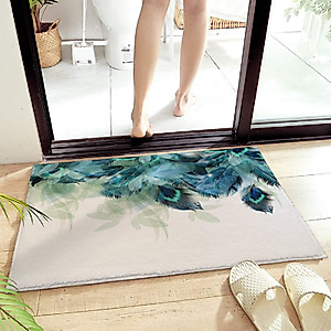 Door mat Soft Doormat Teal Turquoise Peacock Feather,Non Slip Bath Rug Absorbent Mat Rustic Art Printed Floral Shadow,Washable Door Mats Microfiber Runner Carpet for Kitchen,Bathroom,Laundry 18x30in