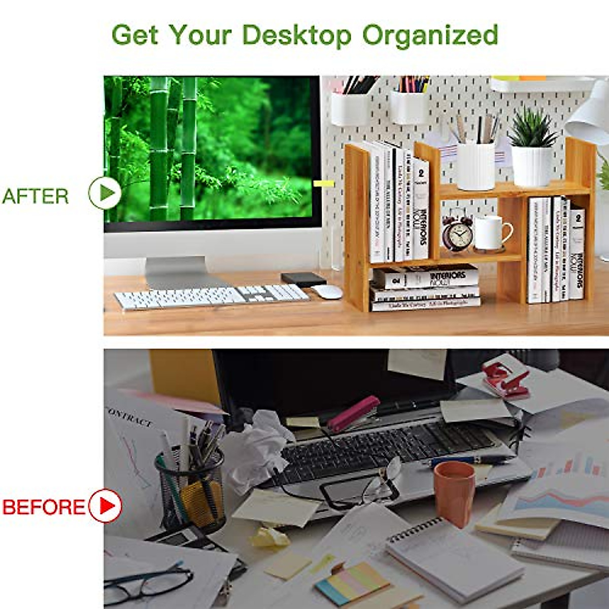 Pipishell Bamboo Desktop Shelf Organizer, Adjustable Shelves Storage Rack for Desk, Expandable Wooden Display Stand Shelf, Art Office Supplies Decor