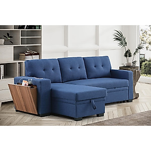 RENDGO 92 inch L-Shape Sectional Sleeper Sofa with Chaise Storage and Pull-Out Bed, Tufted Linen Backrest, Reversible 3-Seater for Living Spaces, Blue