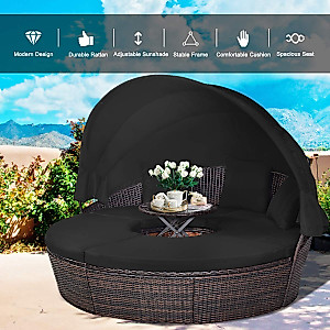 HAPPYGRILL Patio Daybed with Canopy Outdoor Furniture Set Sofa Set Rattan Wicker Round Daybed with Soft Cushions Coffee Table for Patio Backyard Poolside