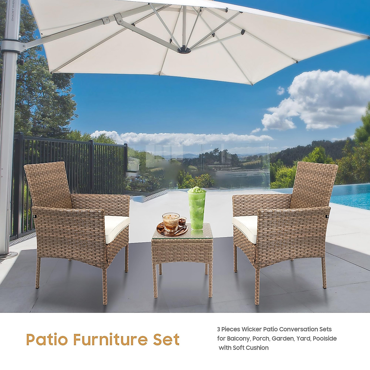 YIYAN 3 Pieces Patio Bistro Set Outdoor Wicker Furniture Outdoor Porch PE Rattan Wicker Chairs Furniture Sets with Sofa Chairs,Glass Coffee Table and White Washable Cushion