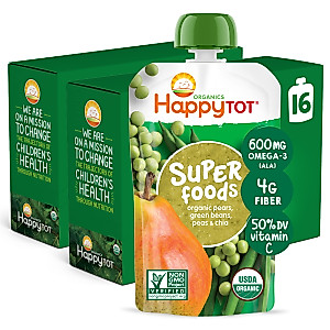 Happy Tot Organics Super Foods Stage 4, Pears, Peas & Green Beans + Super Chia, 4.22 Ounce Pouch (Pack of 16) packaging may vary