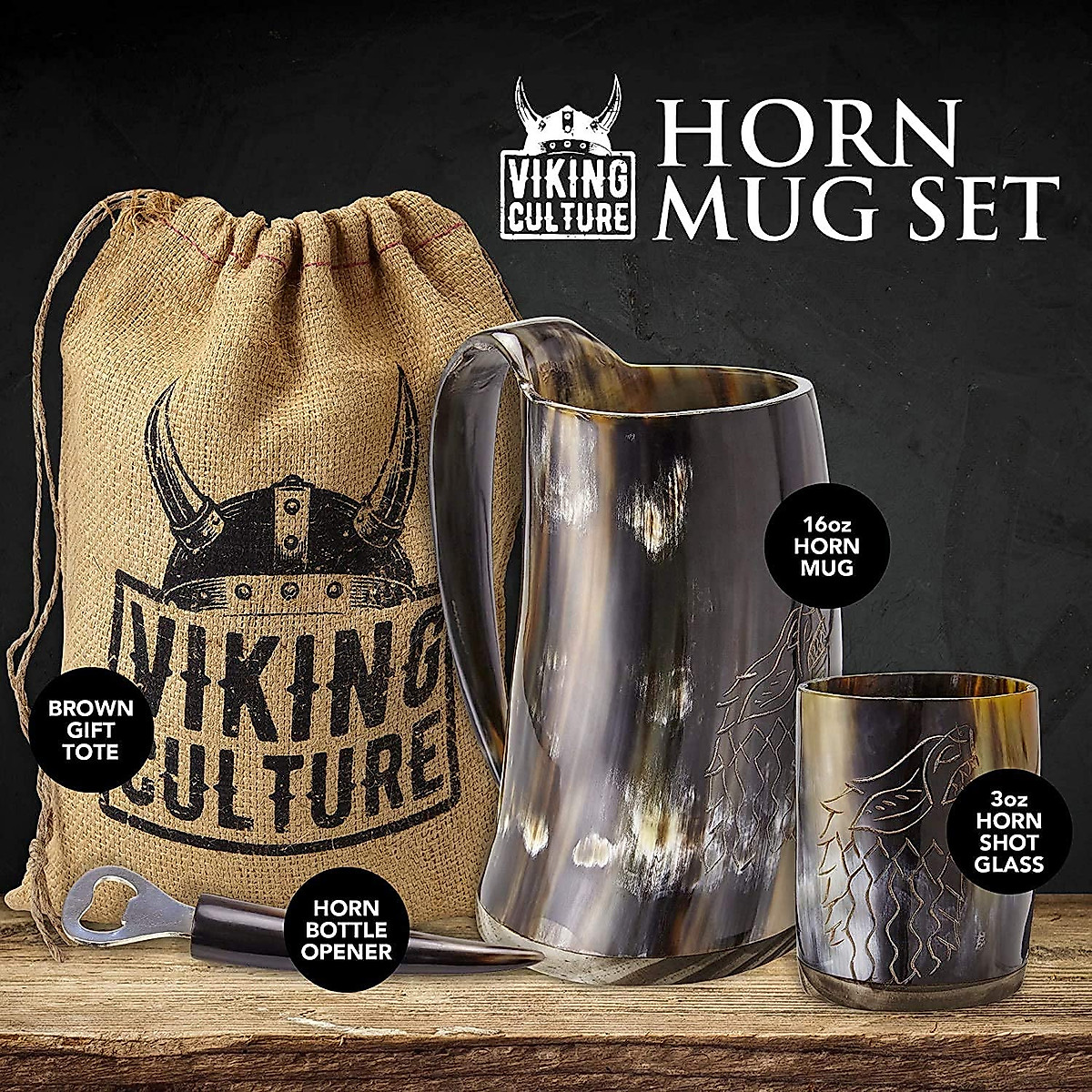 Viking Culture Ox Horn Mug, Shot Glass, and Bottle Opener (3 Pc Set) Authentic 16-oz. Ale, Mead, and Beer Tankard | Vintage Stein with Handle | Custom Intricate Design - Polished Finish | Wolf/Fenrir