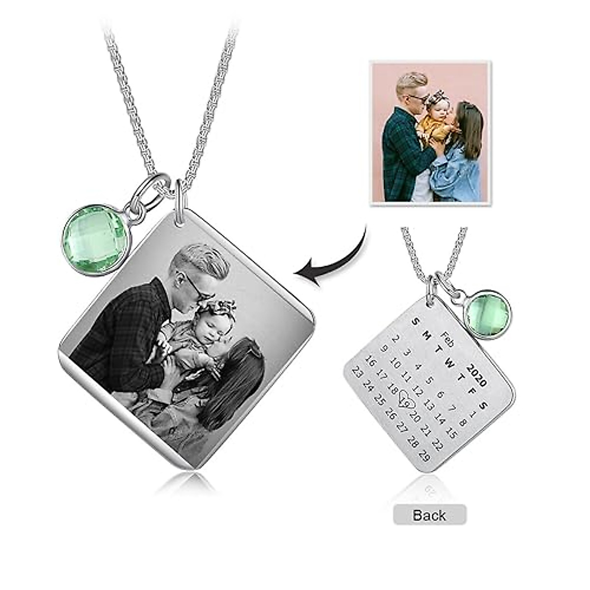 Personalized Photo Necklace with Calendar Engraving Anniversary Gift Real Photo Engraving Pendant Boho Hippie Customized Picture Pendant Necklace for Father,Husband,Boyfriend,Sister,Mom,Wife,ETC.