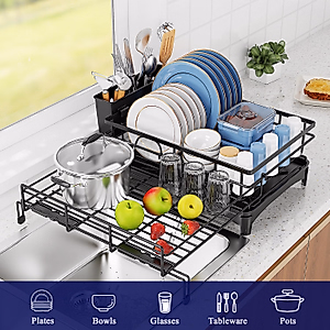 Large Dish Drying Rack,Extendable Dish Rack With Cutlery Holder, Anti-Rust Black Dish Racks For Kitchen Counter,Stainless Steel Dish Drainers For Kitchen Counter,Over The Sink Drying Rack Kitchen