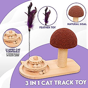 Paw Paw Babe 3 in 1 Cat Scratch Post - Wooden Base, Mushroom Sisal Post, Feather Stick - Cats Interactive Track Ball Toy - Cat Scratcher Toys for Indoor Fun