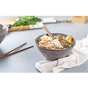 KooK Terracotta Japanese Ramen Bowls, Microwavable, Dishwasher Safe, for Rice, Udon, Soba, Pho, 36 oz, with One Set of Wooden Chopsticks, Perfect For Gifting, Set of 2 (Carbon Grey)