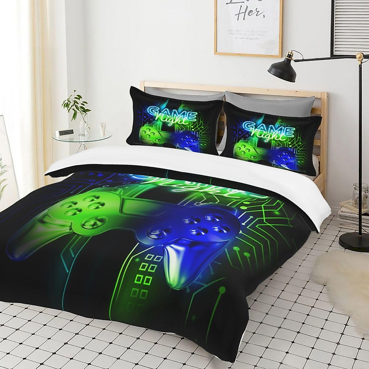 Green and Blue Gaming Duvet Cover Set Queen Size,Gamer Comforter Set for Boys,Video Game Controller Comforter for Boys/Kids 3D Gamepad Microfiber Bedding Sets 3 Pieces,1 Duvet Cover and 2 Pillowcases