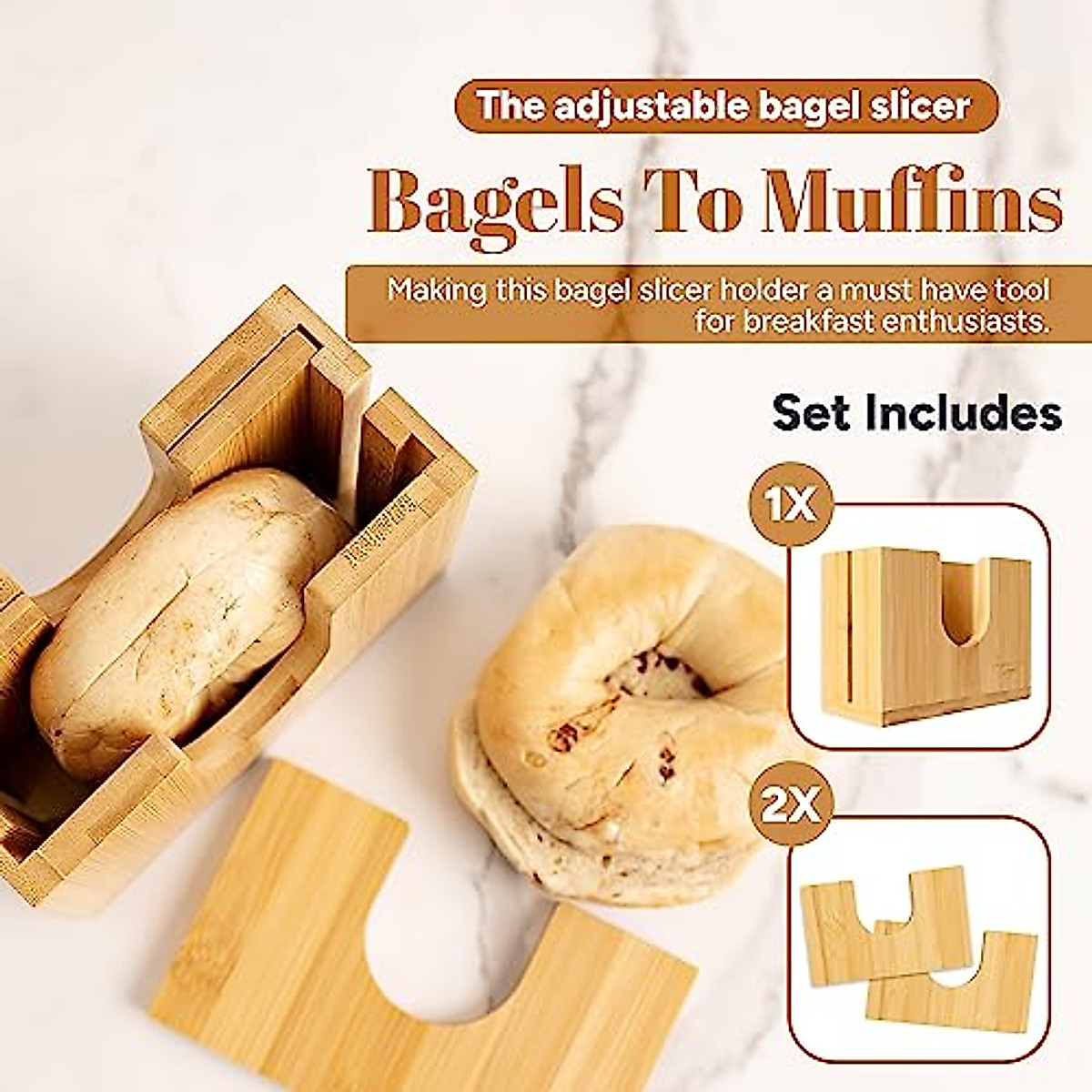 Bagel Slicer for Small and Large Bagels - Adjustable Bagel Cutter Slicer - Bamboo Muffin Slicer w/Minimalist Design - Easy to Use English Muffin & Mini Bagel Bamboo Bread Slicer