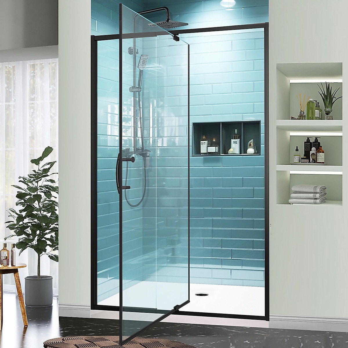GroGro 44-48" W x 71" H Piovt Swing Glass Shower Door,Pivot Semi-Frameless Glass Shower Door with 1/4"(6mm) Clear SGCC Tempered Glass,Matte Black Finish Shower Doors,Reversible Installation