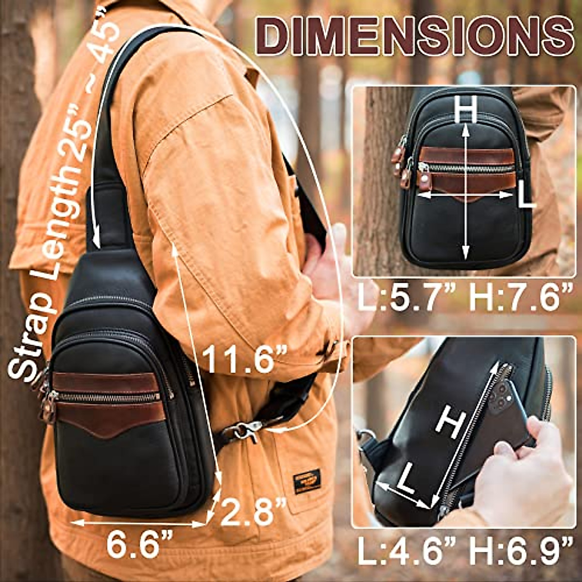 CENUNCO Genuine Leather Sling Bag for Men and Women Crossbody Sling Backpack Concealed Carry Chest Purse Black Casual Daypack Anti-Theft Travel Pouch