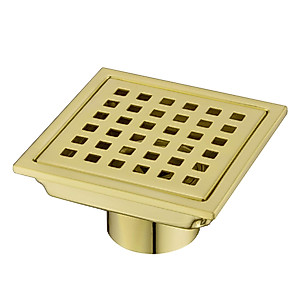 Orhemus 4 Inch Square Shower Drain with Adjustable Shower Drain Base Flange, SUS 304 Stainless Steel Floor Drain with Removable Cover Grid Grate, Brushed Gold Brass Finished