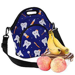 Violet Mist Neoprene Dental Lunch Bags with Shoulder Strap Lunch Totes for Women Men Kids Insulated Thermal Lunch Box Reusable Bento Bag Pocket Zipper for Docter Work Picnic Travel, Blue Teeth
