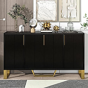 CKLMMC Modern Sideboard, Luxury Style Buffet Cabinet with Metal Handles & Legs and Adjustable Shelves,Particle Board & MDF Console Table for Living Room,Dining Room (Black& MDF*M)
