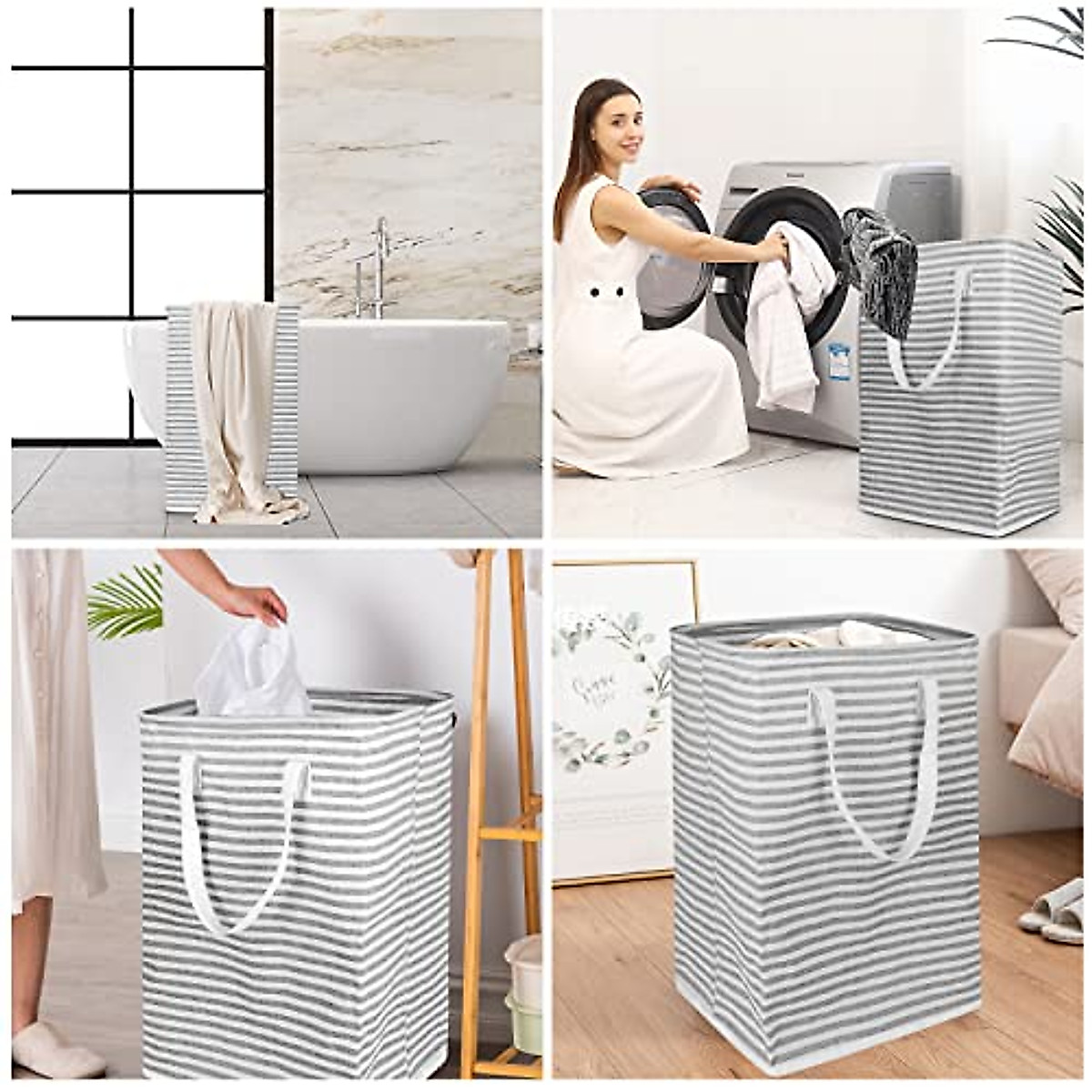 BOBSYHX Freestanding Laundry Basket Organizer, 72L Large Laundry Hamper with Long Handles, Cotton Linen Laundry Basket for Clothes and Toys, Foldable Waterproof Dirty Clothes Hamper