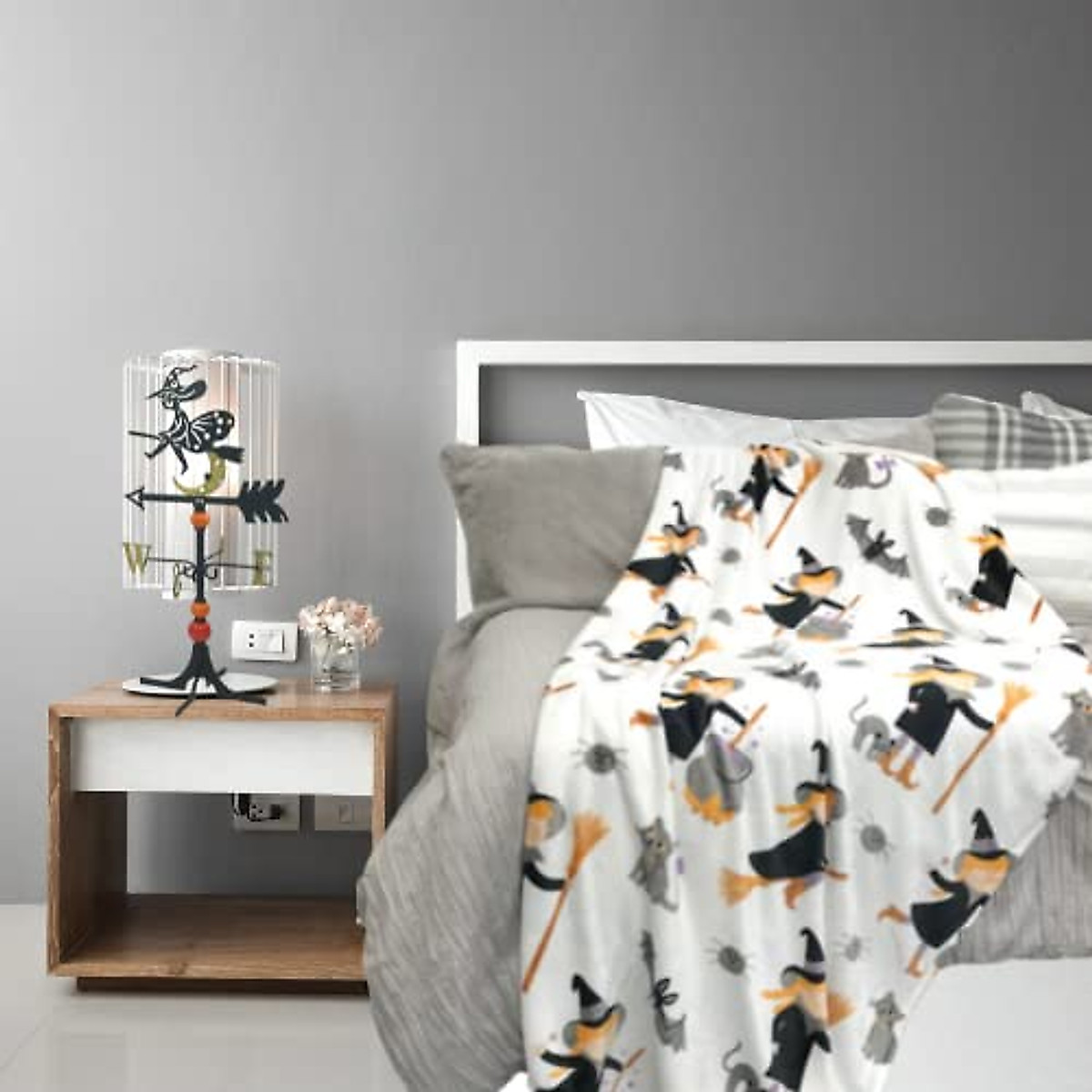 Halloween Throw Blanket: Cute Girl Witch with Faithful Cat Surrounded by Spiders and Bats Print on Fuzzy Soft Velvet Fleece Throw Blanket