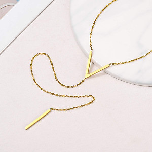 FOCALOOK Bar Pendant Y Gold Necklace Hypoallergenic Stainless Steel 14K Gold Plated Minimalist Dangle Extra Long Pendant Lariat Necklaces for Women