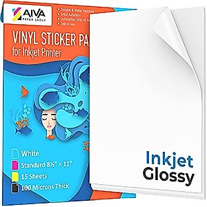 Printable Vinyl Sticker Paper for Inkjet Printer - Glossy White - 15 Self-Adhesive Sheets - Waterproof Decal Paper - Standard Letter Size 8.5"x11"