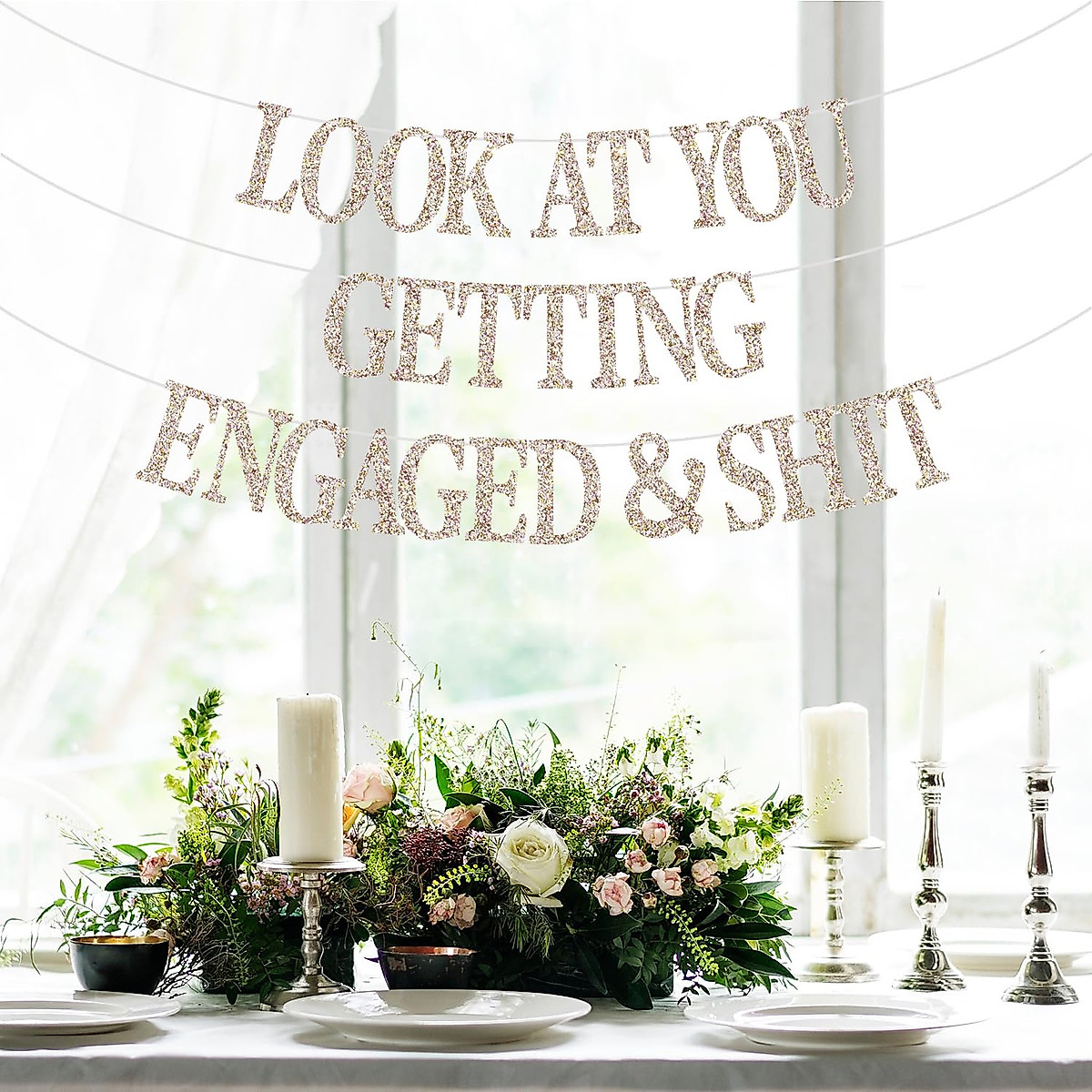 Look At You Getting Engaged & Shit Banner, Happy Engagement Banner, Bridal Shower/Wedding/Engagement/Bachelorette Party Decorations Supplies Glitter