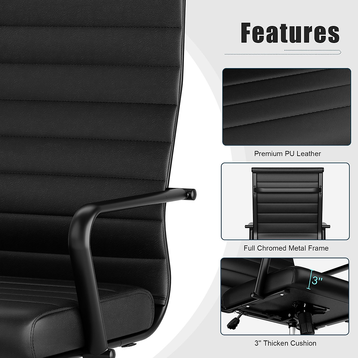 Okeysen Office Desk Chair, Ergonomic Leather Modern Conference Room Chairs, Executive Ribbed Height Adjustable Swivel Rolling Chair for Home Office.
