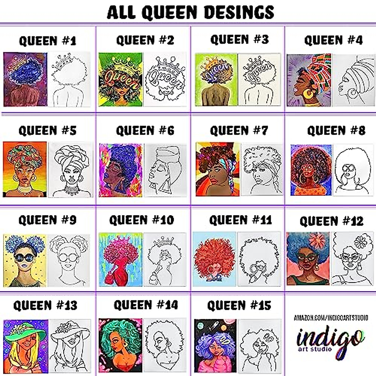 Indigo Art Studio Pre Drawn Canvas Paint Kit for Adults Kids | Stenciled With Marker | Art Activity | Afro Queen Retro | DIY Birthday Gift & Sip and Paint With Twist Party Queen #5 (8x10 Inches)