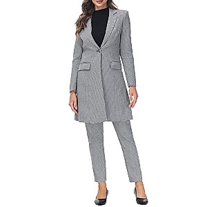 MODFUL Women's 2 Piece Long Blazer with Pants Set Small Plaid Elegant Suit Set for Casual Business Office(Grey,Medium)