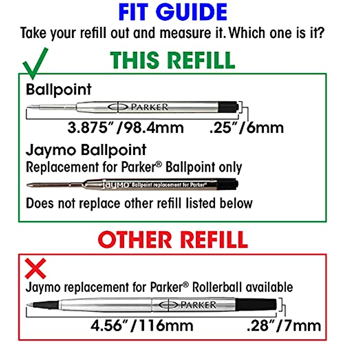 Jaymo 30525PP Compatible Pen Refills for Smooth Writing with .7 mm German Medium Tip and Ink, Black Gel Parker, 6 Refills