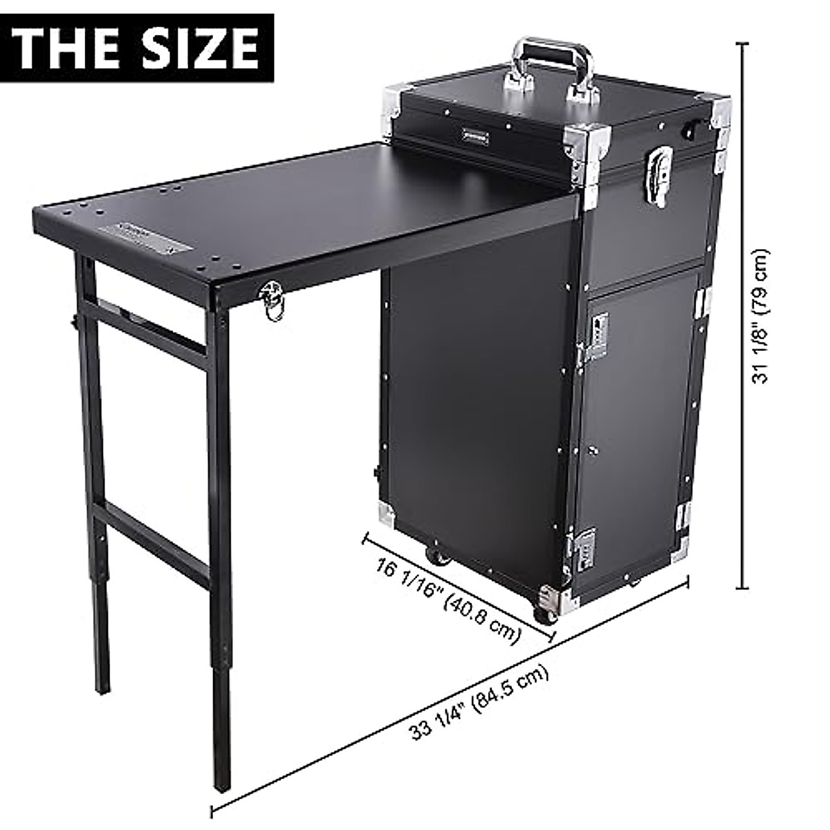 Bei Cheng Rolling Manicure Desk Makeup Train Case Travel Cosmetic Trolley Storage Organizer Nail Tables for Technician Workstation Makeup Salon with 4 Drawers Mirror & Speaker Black