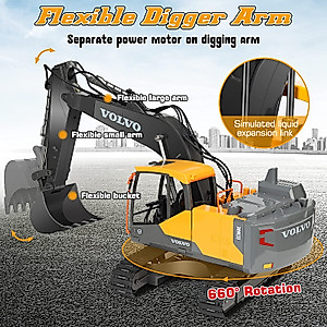 DOUBLE E Volvo RC Excavator 17 Channel 3 in 1 Construction Toys, 17 Channel Remote Control Vehicles Tractor Sandbox Toys Digger with Metal Shovel Drill Grab RC Truck for Kids Adults