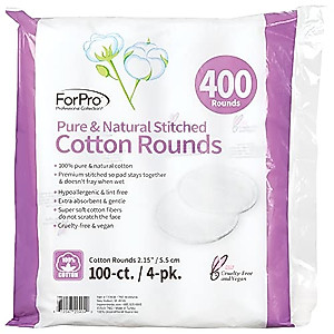 ForPro Professional Collection Pure & Natural Stitched Cotton Rounds for Face, 100% Pure Cotton Makeup Remover Pads, Hypoallergenic, Lint-Free, Vegan & Cruelty-Free, Pack of 4-100 Cotton Pads