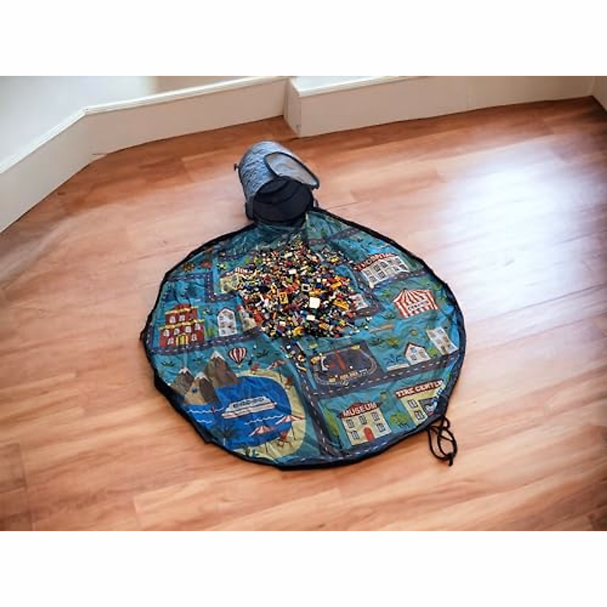 Toy Storage Basket with Cityscape Playmat - 11.8" Drawstring Toy Storage Bag with Foldable Play Mat Featuring Nonslip Backing - Portable Slide-Away Toy Storage Basket for Playrooms/Home/Travel