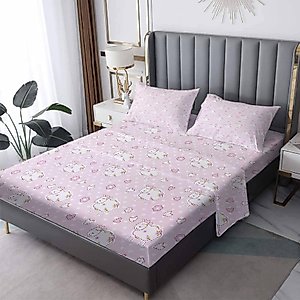 Sheep Sheets Full Size, Pink Heart Bed Sheets, Patterned Bedding Sheets & Pillowcases 4 Piece Set - Soft Microfiber Deep Pocket Fitted Sheet & Flat Sheet & 2 Pillow Cases H3-&-184