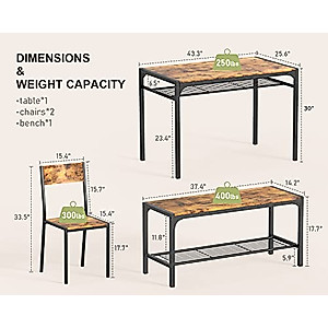 Gizoon Kitchen Table and 2 Chairs for 4 with Bench, 4 Piece Dining Table Set for Small Space, Apartment (Rustic Brown)