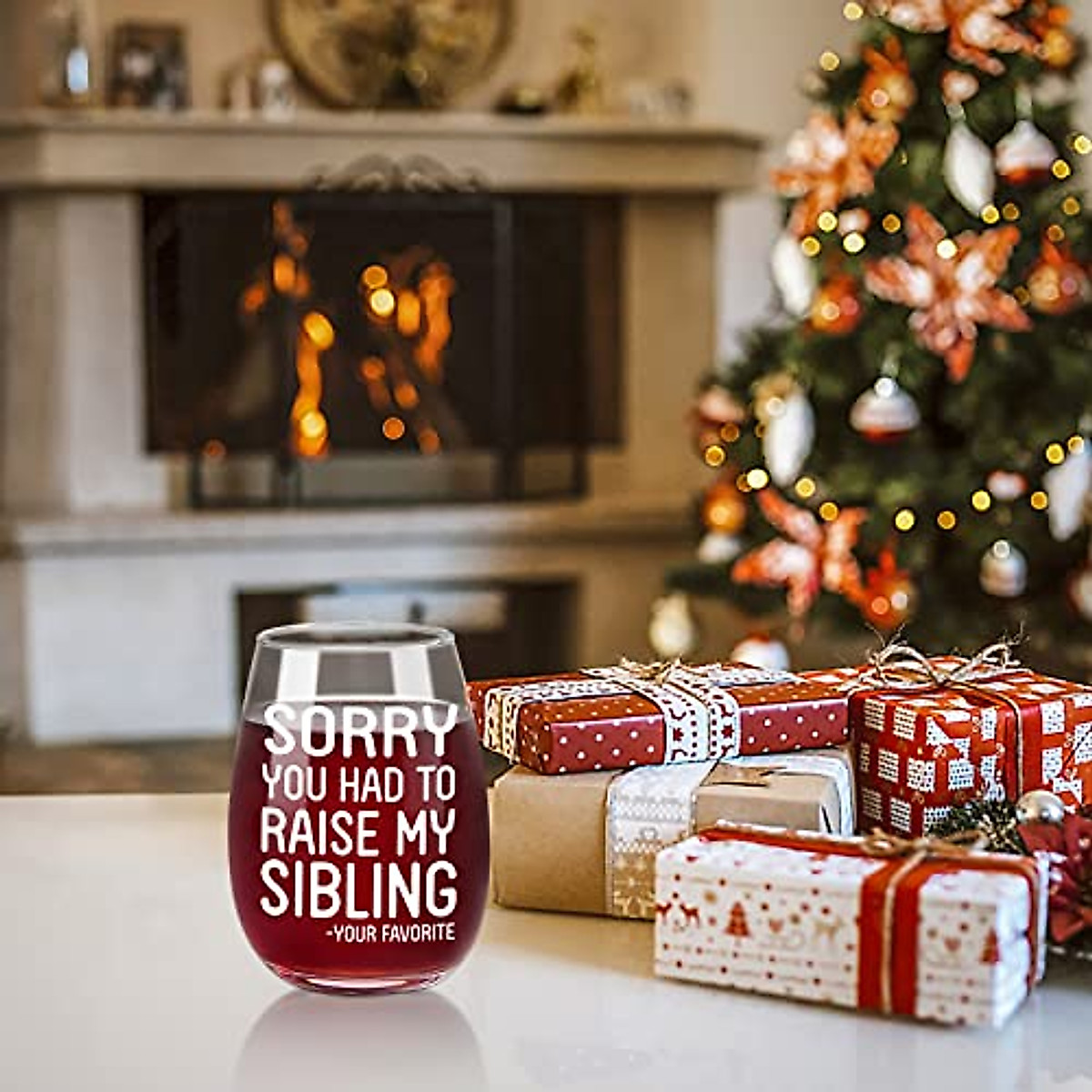 Waipfaru Sorry You Had to Raise My Sibling Stemless Wine Glass, Funny Mom & Dad Wine Glass, Gifts Idea for Mom & Dad Mother on Christmas Birthday Mother’ s Day Father’ s Day, Mom & Dad Gift, 15Oz