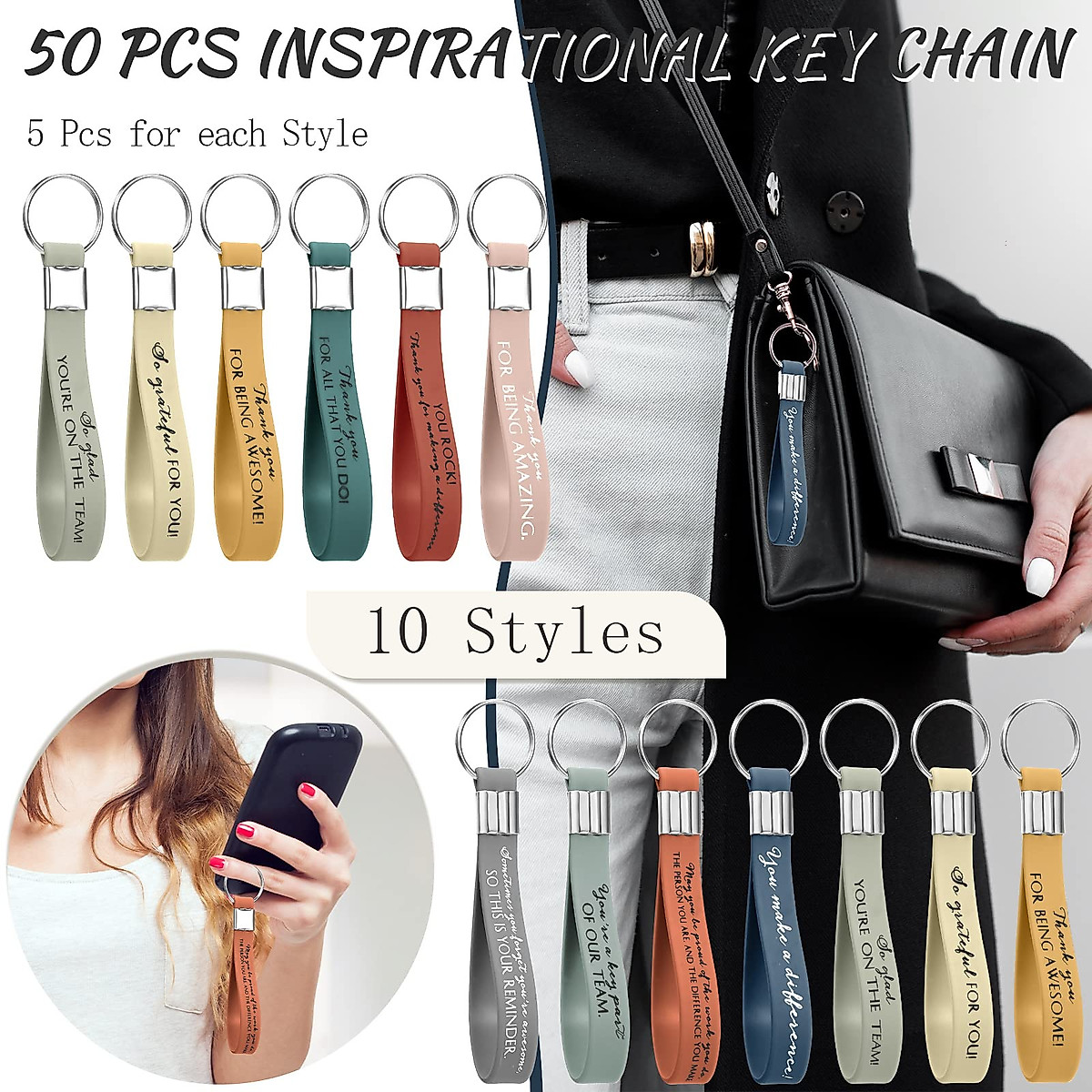 Roowest 50 Pcs Inspirational Gift for Women Silicone Keychain Employee Appreciation Gift Bulk Teacher Coworker(Elegant Color)