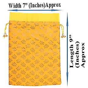 Touchstone Drawstring Bags Traditional Indian Handcrafted in Mimosa leaf Pattern Brocade fabric. Perfect for Gifts Jewelry Weddings Sweet Distribution Set of 9 Vibrant Yellow Pouches Purses Potli.