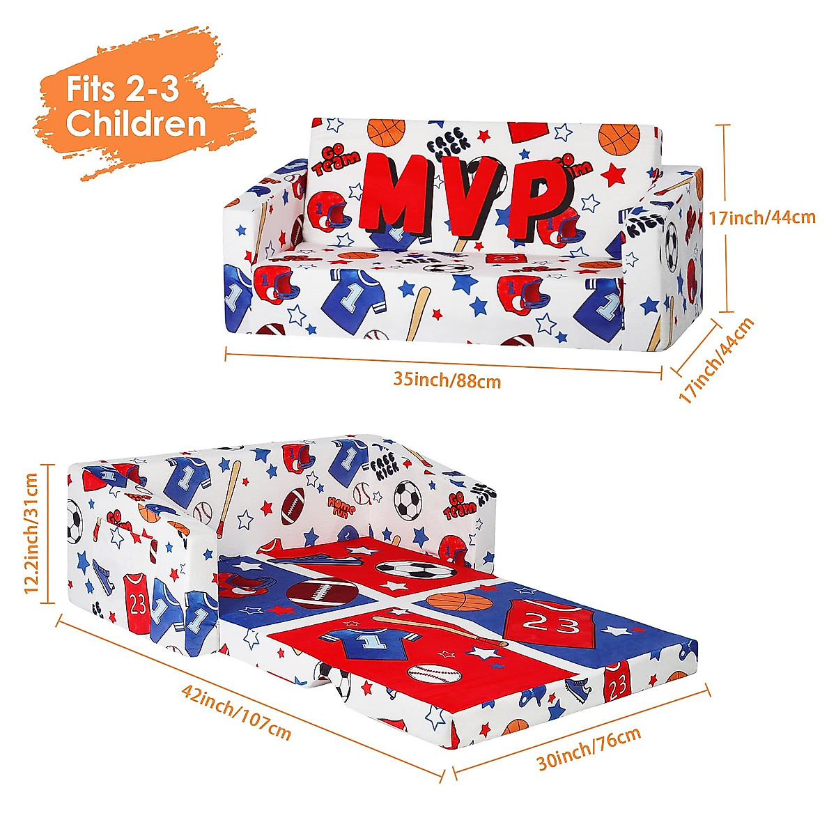 decalsweet Foldable Kids Sofa Couch 2 in 1 Children Convertible Sofa to Lounger Flip Open Toddlers Sofa Bed,Extra Wide Soft Lightweight for Bedroom Livingroom Playroom